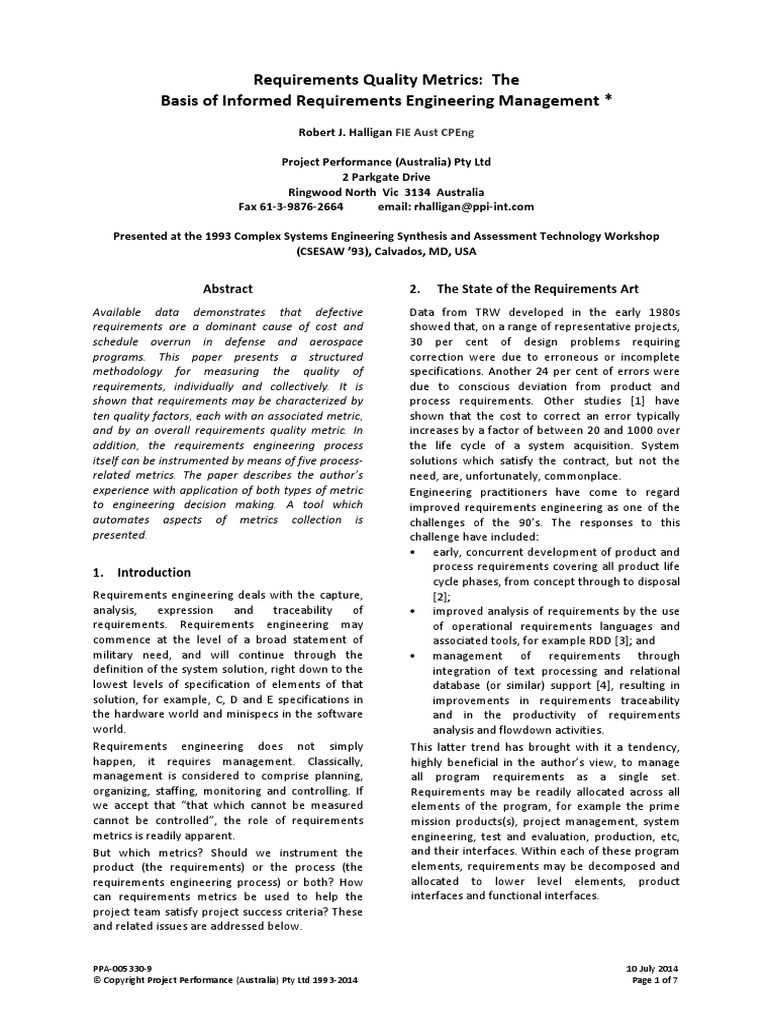 Requirements Quality Metrics Paper With Addendum PPA 005330 9 140710 | PDF | Computing ...