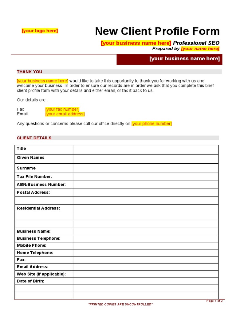 New Client Profile Form: (Your Business Name Here) | PDF