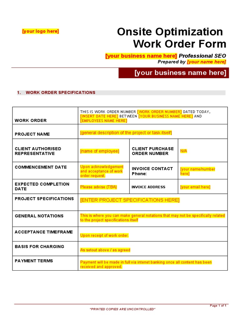 Onsite Optimization Work Order Form | PDF