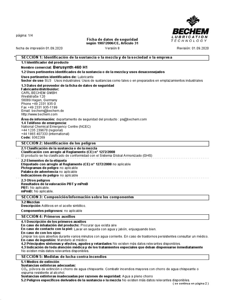 SDB 9362269 Berusynth - 460 - h1 (E) (v8) | PDF | Guante | Agua