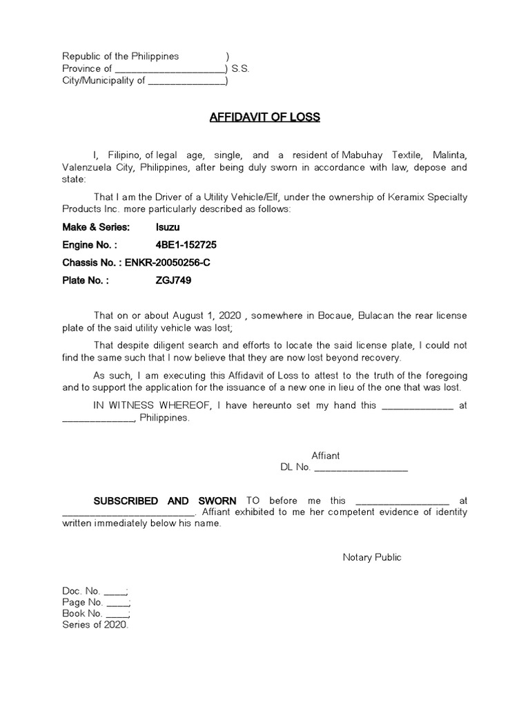 Affidavit of Loss Documenting the Loss of a Rear License Plate from a Truck Owned by Keramix ...