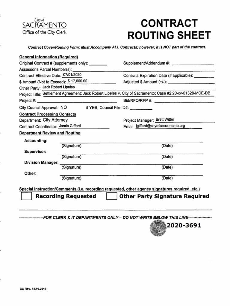 Contract Routing Sheet: Sacmmento | PDF | Lawsuit | Common Law