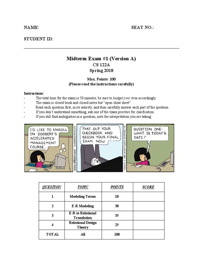 Midterm Exam #1 (Version A) : Name: Seat No.: Student Id | PDF | Databases | Computer Programming