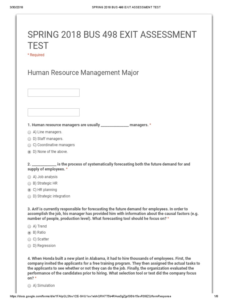 Spring 2018 Bus 498 Exit Assessment Test HRM | PDF | Performance ...