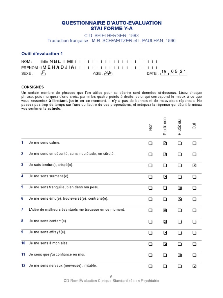 Questionnaire d'Anxiété STAI Y-A et Y-B | PDF
