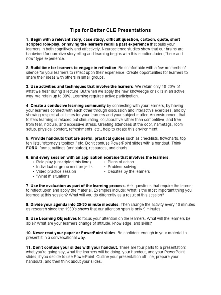 Tips For Better CLE Presentations | PDF | Lecture | Learning