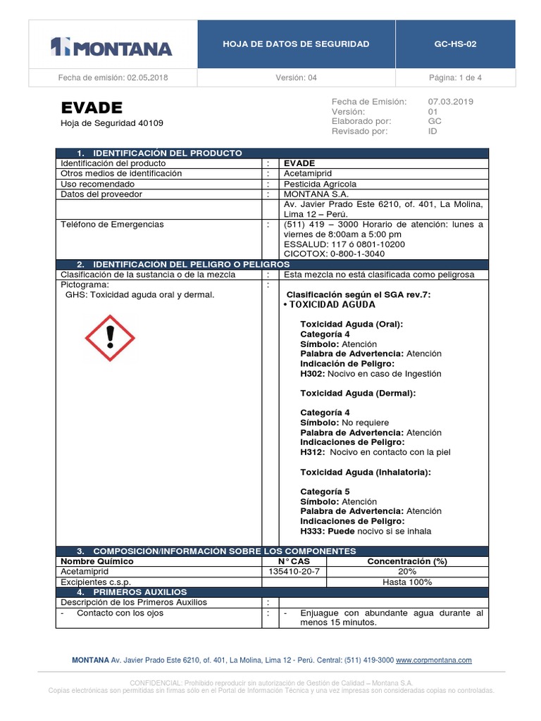 Hoja de Seguridad Evade | PDF | Toxicidad | Agua
