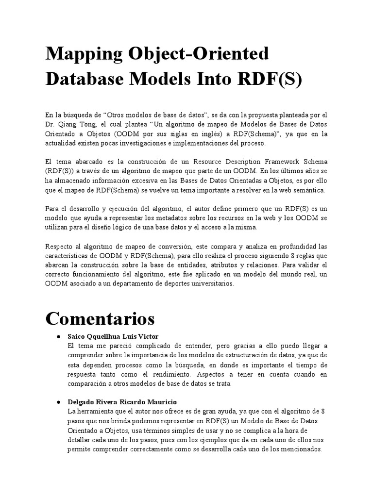 Informe Paper Mapping Object-Oriented Database Models Into RDF (S) | PDF | Marco de descripción ...