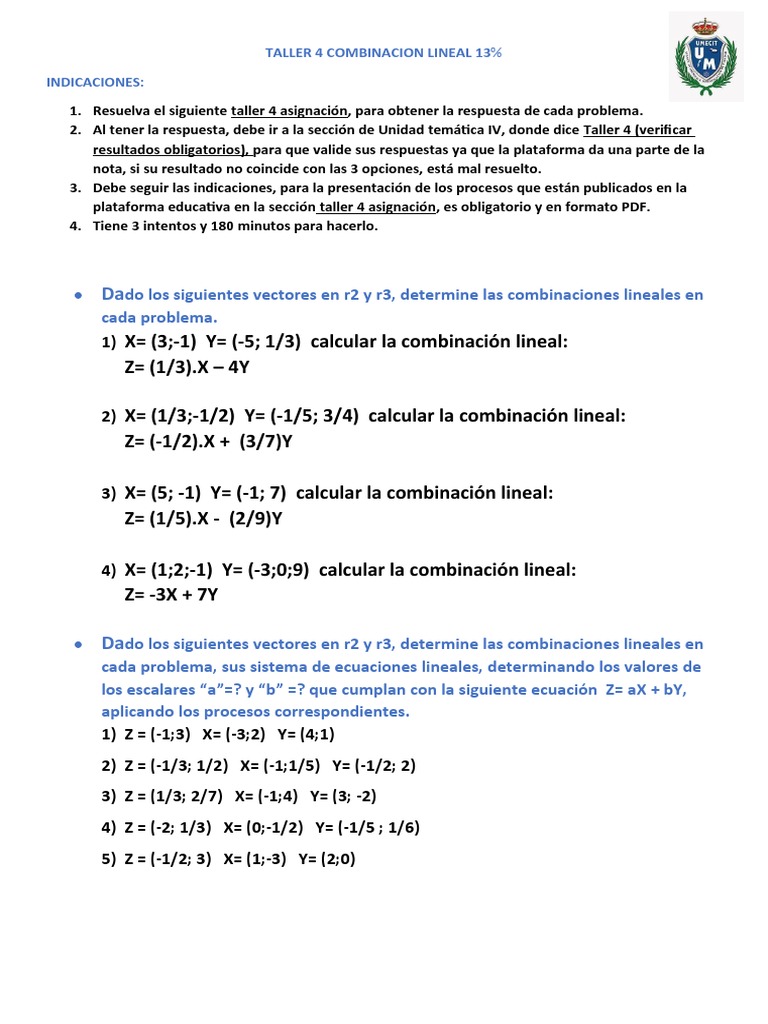 Combinaciones Lineales: Taller 4 | PDF