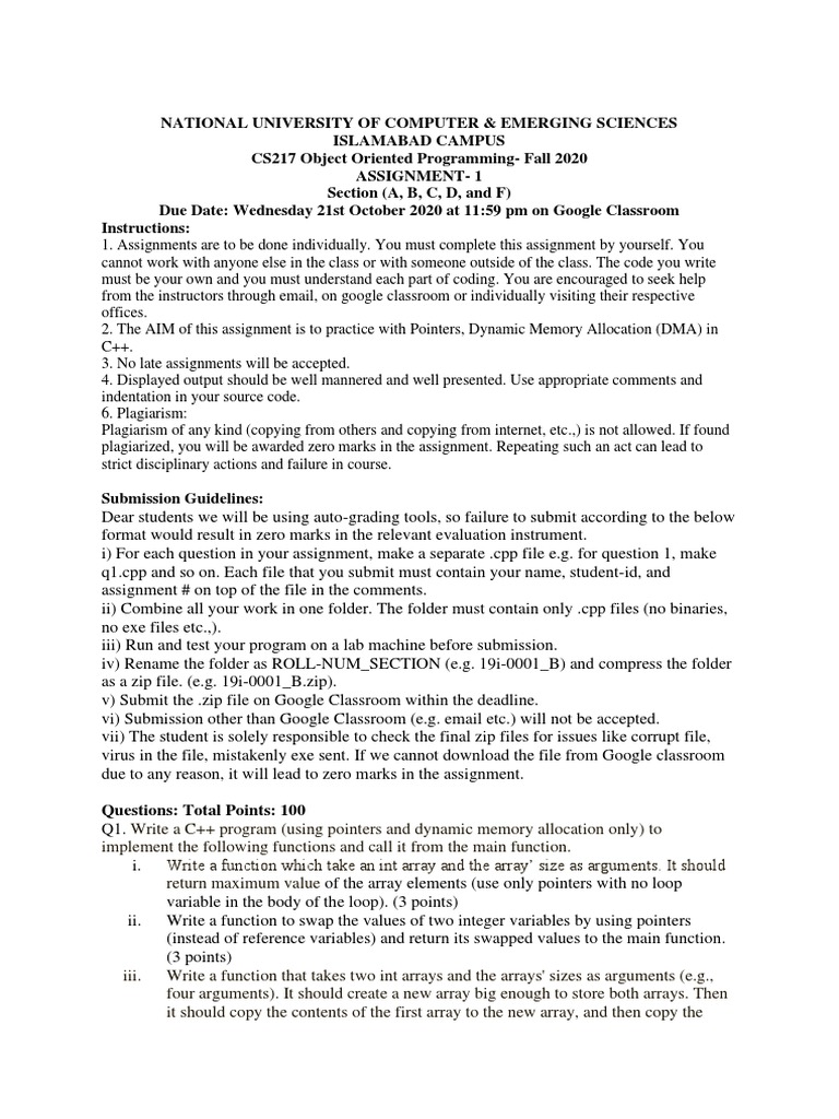 Object Oriented Programming Assignment 1 | Download Free PDF | Array Data Structure | Pointer ...