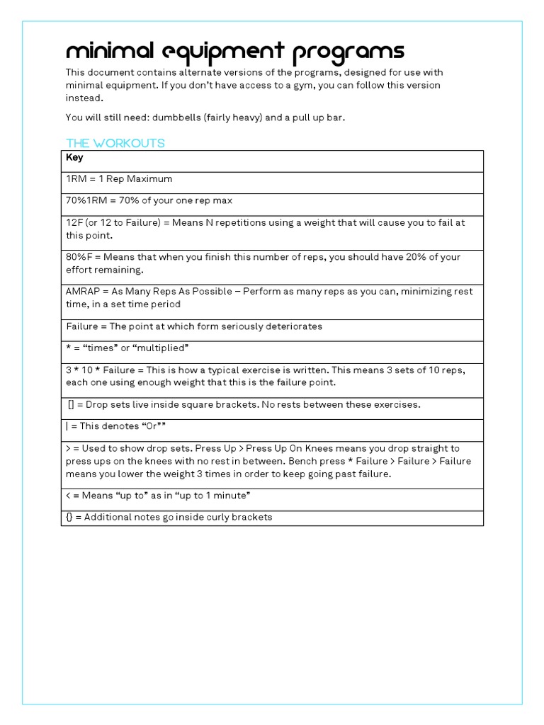 Minimal Equipment Workouts Version | PDF | Meal | Dieting