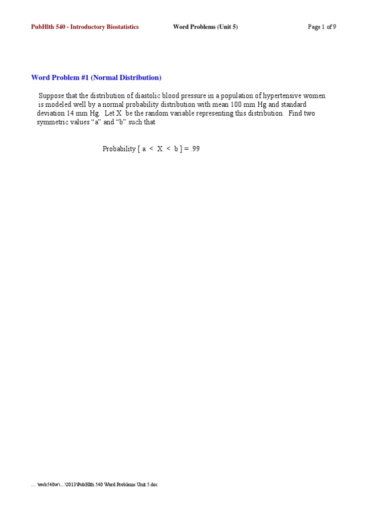 Pubhlth 540 Word Problems Unit 5 Pdf Standard Deviation Normal Distribution 