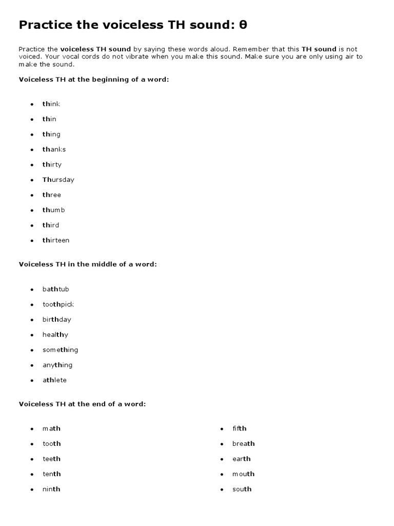 Practice The Voiceless TH Sound | PDF | Otorhinolaryngology | Linguistics