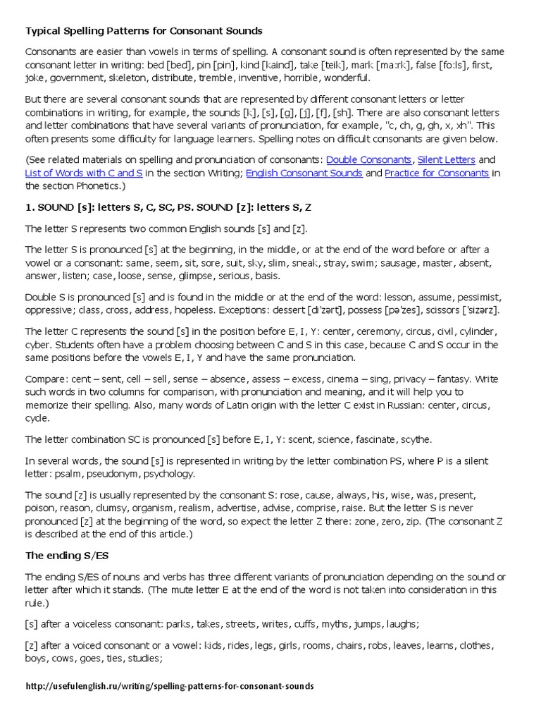 Typical Spelling Patterns For Consonant Sounds | PDF | Consonant ...