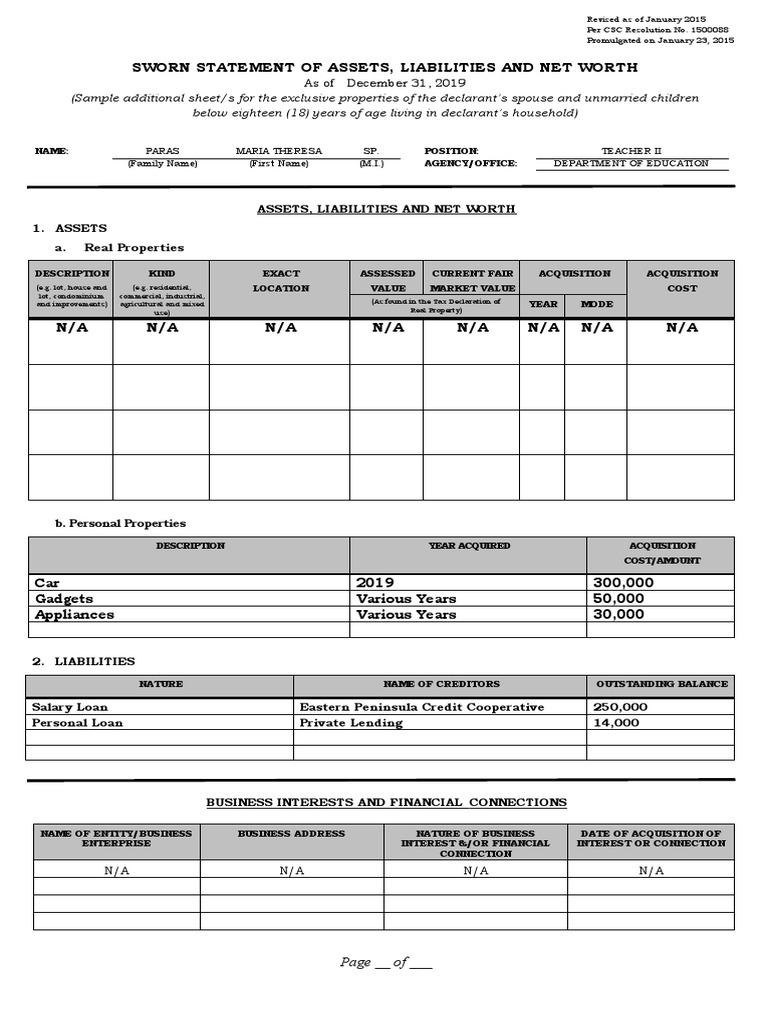 2015 SALN Additional Sheets | PDF | Net Worth | Loans
