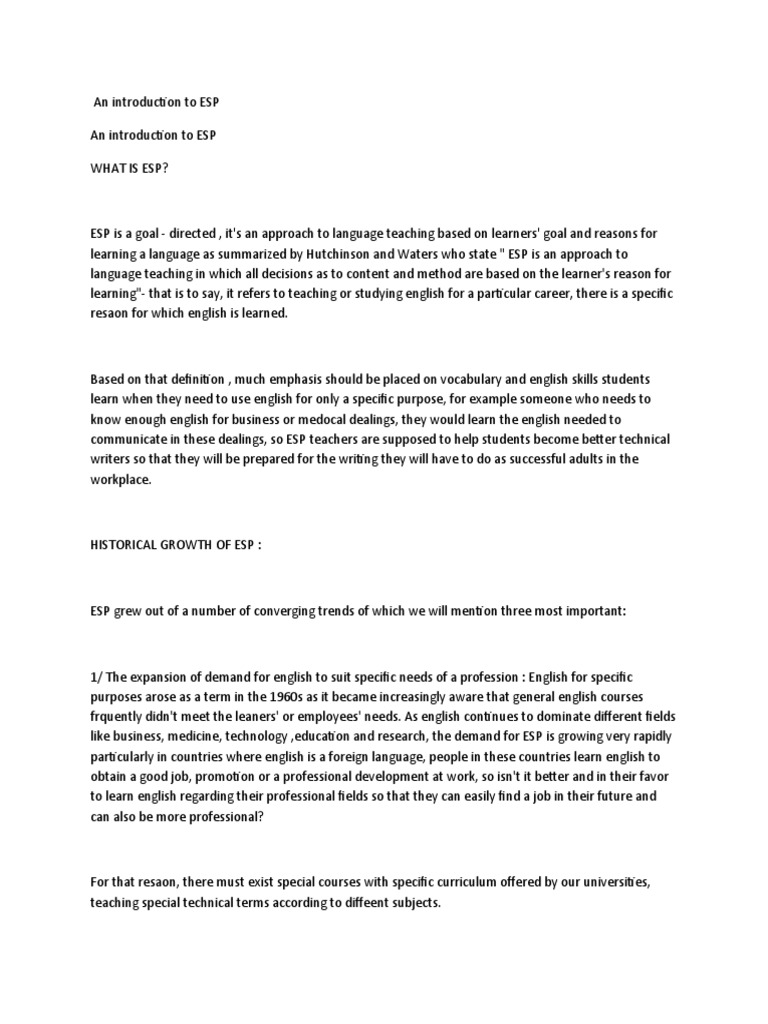 Introduction To Esp | PDF | Language Education | Learning