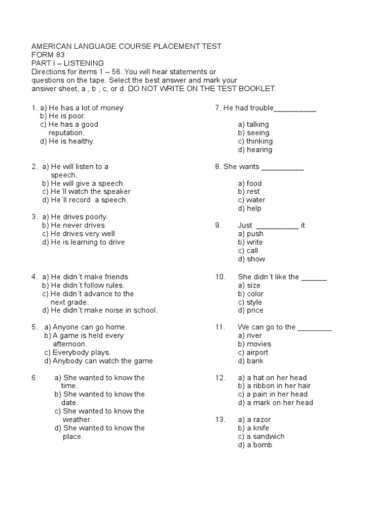 American Language Course Placement Test 83 | PDF