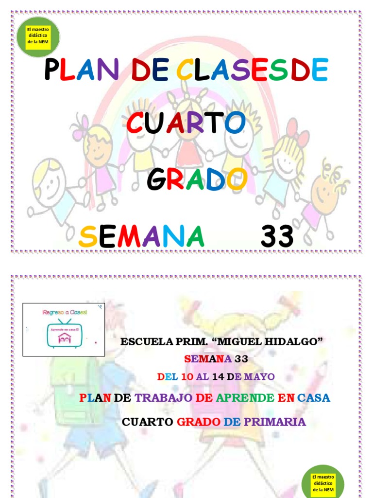Plan de clases semanal para Cuarto Grado de la Escuela Primaria "Miguel ...