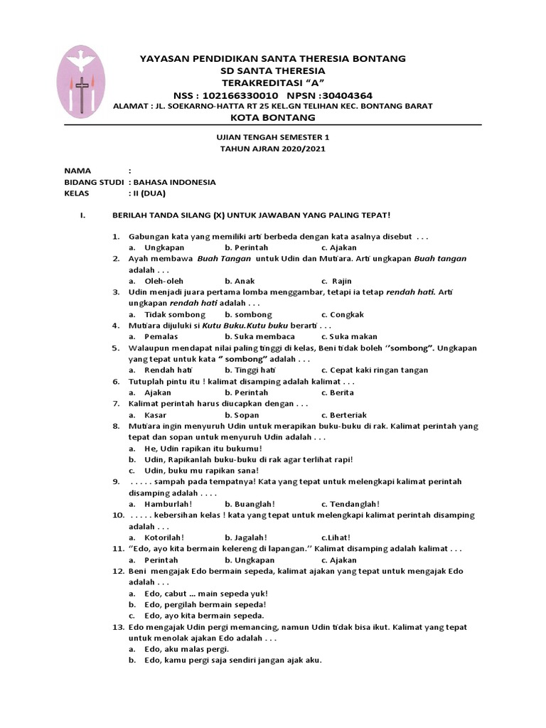 Soal UTS BIN Kelas 2 | PDF