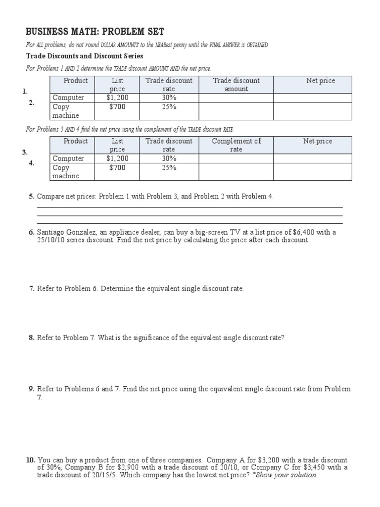 BUSINESS MATH-Trade Discount and Discount Series | PDF
