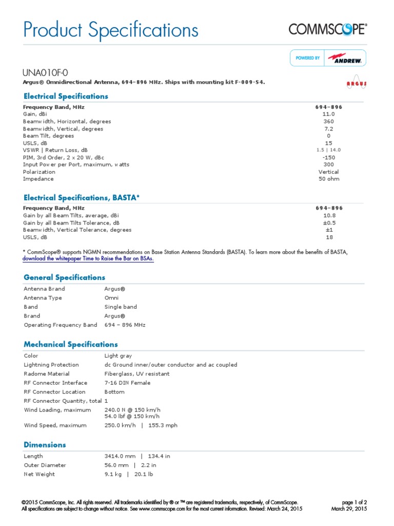 COMMSCOPE UNA010F 0 Antenna Spec | PDF | Antenna (Radio) | Decibel