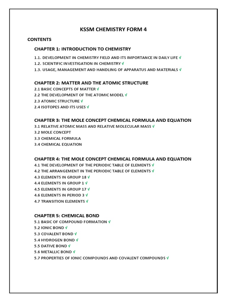 KSSM Chemistry Form 4 Overview | PDF | Chemical Bond | Chemical Compounds