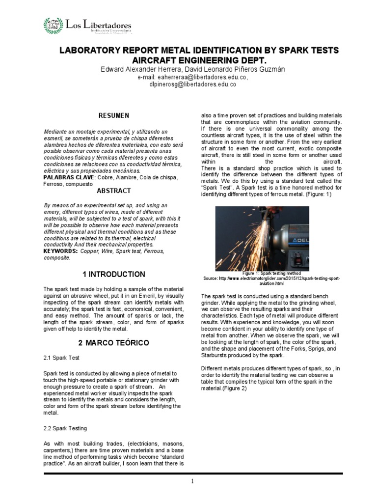 Laboratory Report Metal Identification by Spark Tests Aircraft ...