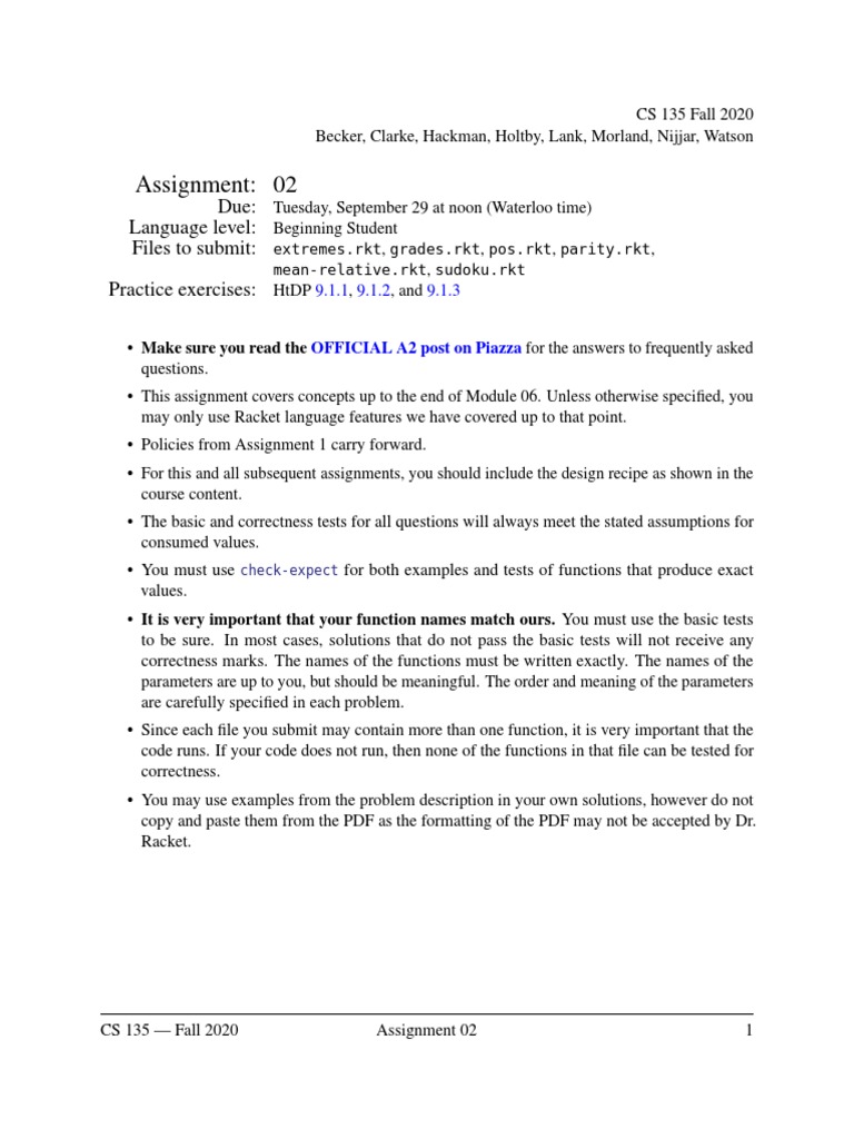 Assignment: 02: Due: Language Level: Files To Submit: Practice Exercises | PDF | Standard Score ...