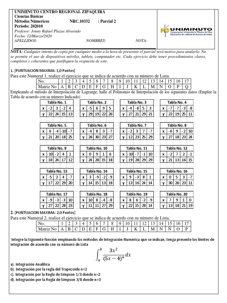 PARCIAL No. 2 METODOS NUMERICOS-2DO Corte - ABRIL 2020 | PDF | Relaciones matematicas | Ciencia ...