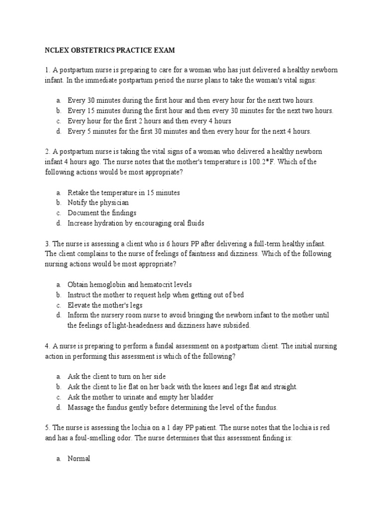 Nclex Obstetrics Practice Exam | PDF | Breast Milk | Childbirth