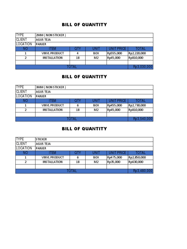 Bill of Quantity: Type Client Location NO Item QTY Unit Unit Price ...