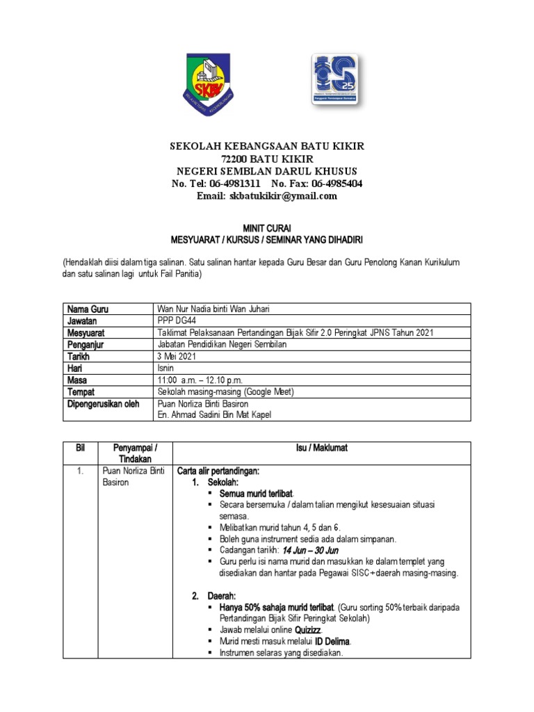 Contoh Minit Curai Mesyuarat | PDF