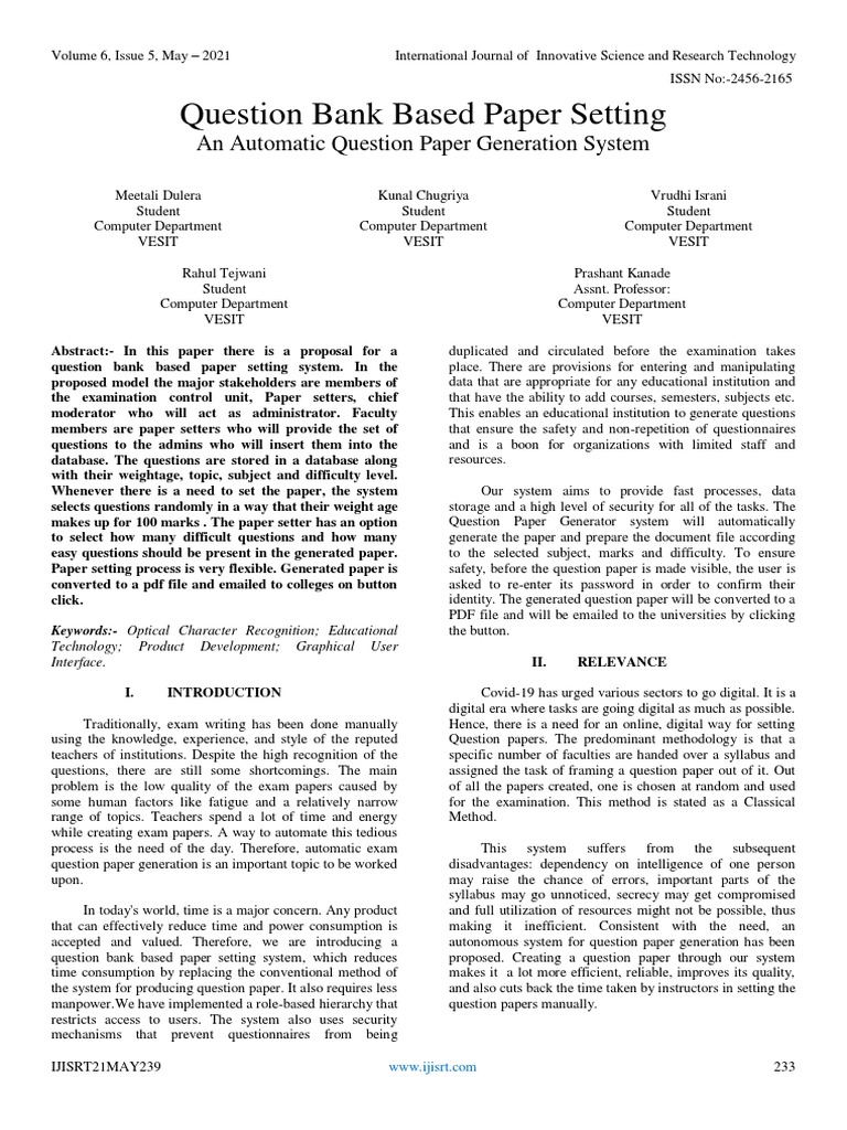 Question Bank Based Paper Setting An Automatic Question Paper ...
