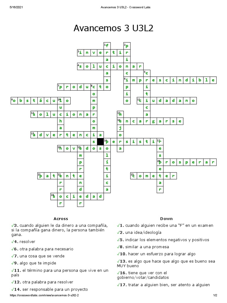 Avancemos 3 U3L2 - Crossword Labs | PDF | Violencia | Agitación