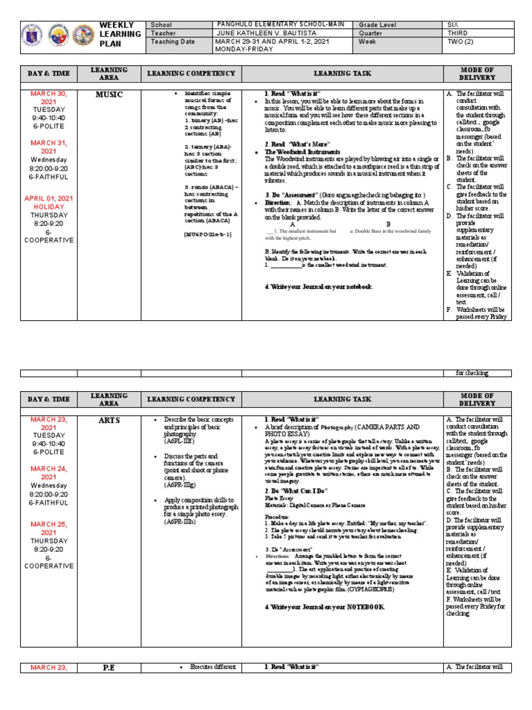 Learning Plan in MAPEH Week 2 (3rd Quarter) | PDF | Camera | Learning