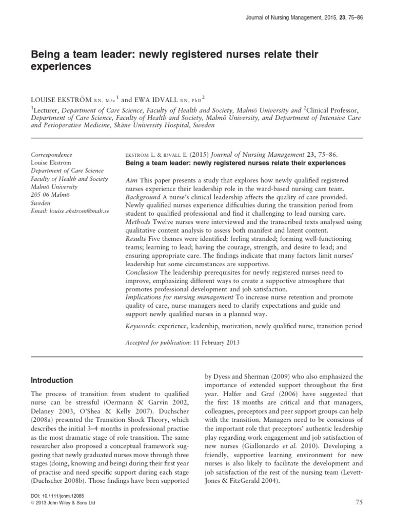 Being A Team Leader. Newly Registered Nurses Relate Their Experiences ...