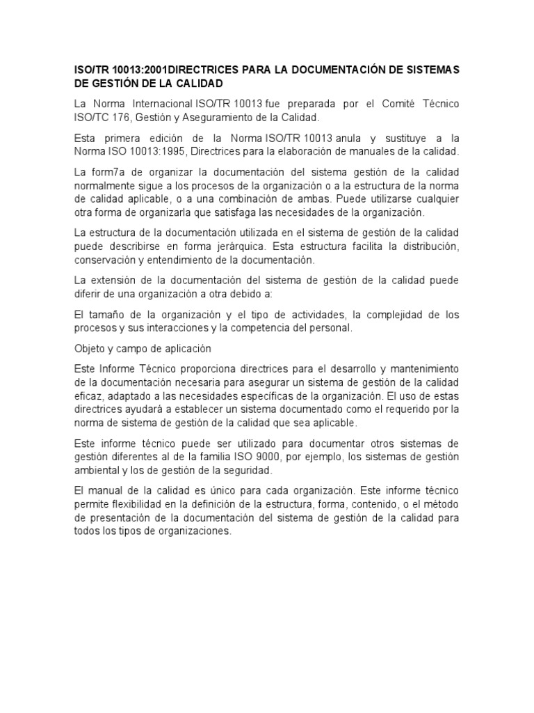 Resumen ISO TR 10013 Directrices para La Documentacion Del Sistema de Gestion de La Calidad | PDF