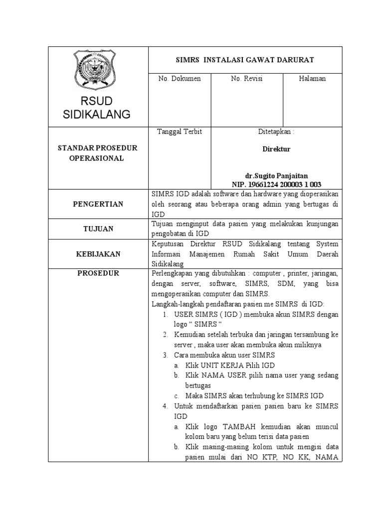 Sop Simrs Igd 1 | PDF | Hukum