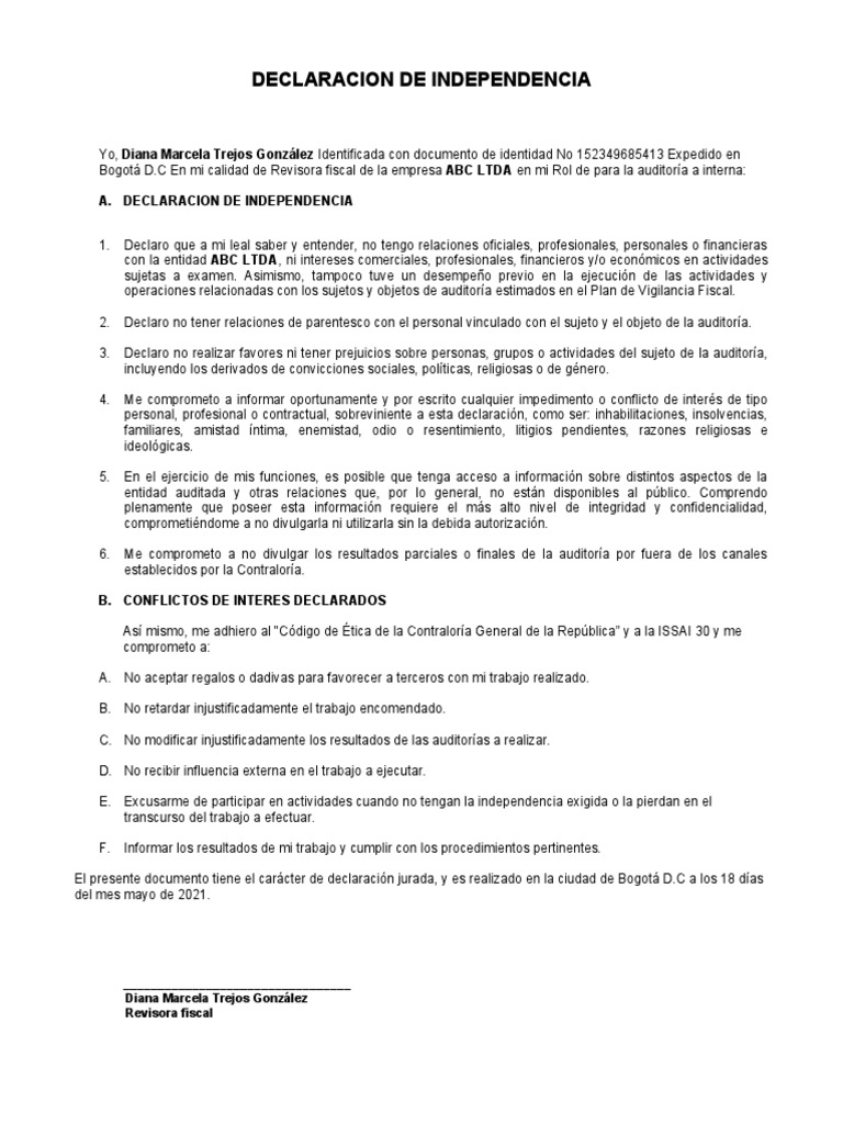 Declaracion de Independencia Revisoria Fiscal | PDF | Auditoría ...