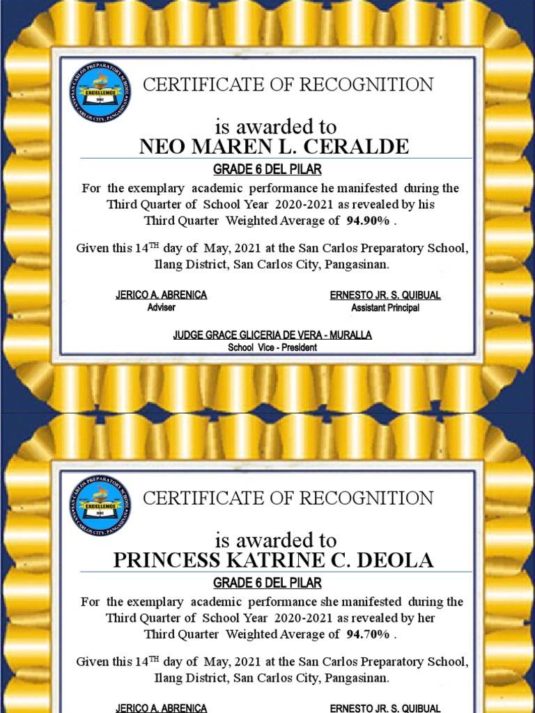 Academic Excellence Certificates 2021 | PDF