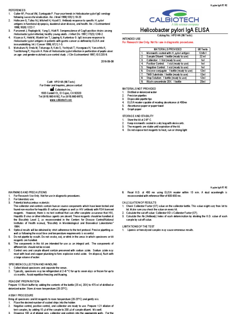 H. Pylori IgA ELISA Package Insert | PDF | Elisa | Immunology