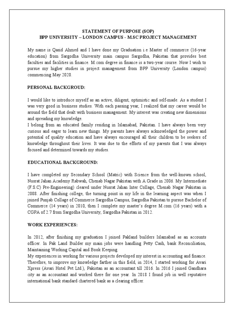 Statement of Purpose (Sop) BPP University - London Campus - M.SC Project Management | PDF ...