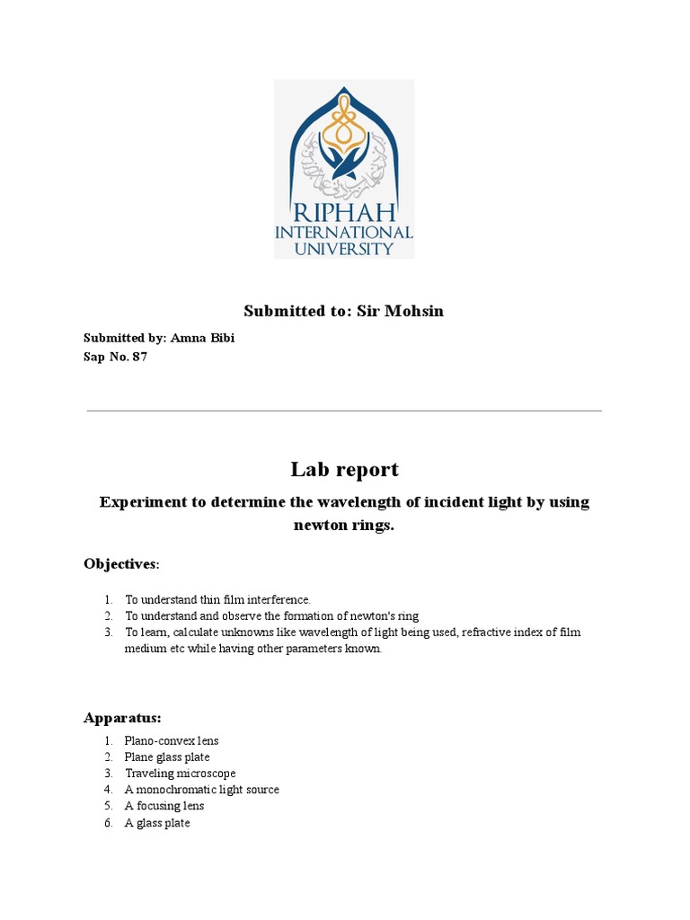 Newton's Ring Experiment Lab Report | PDF | Waves | Reflection (Physics)