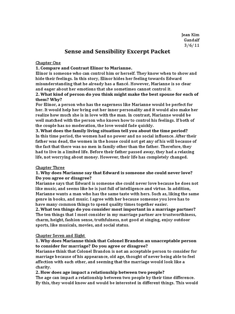 Sense and Sensibility Packet | PDF | Elinor Dashwood | Sense And ...