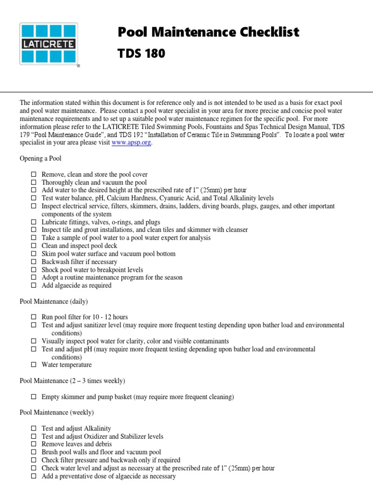 Pool Maintenance Checklist | PDF | Alkalinity | Chemical Substances