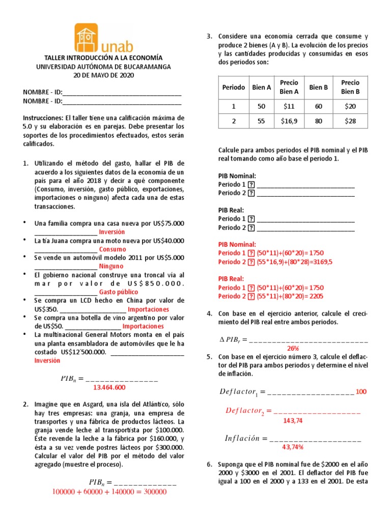 TALLER PIB Inflacion y Desempleo Con Respuestas | PDF | Producto Interno Bruto | Inflación