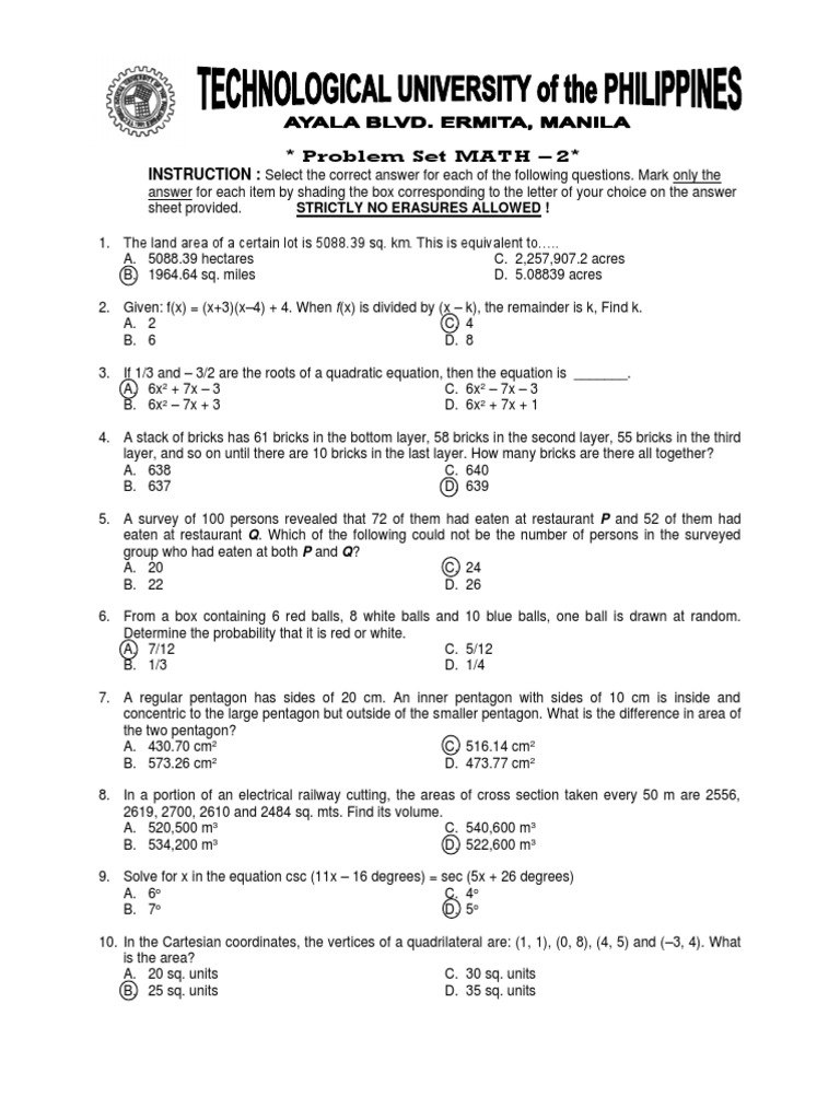 Problem Set Math-2 | PDF | Area | Elementary Mathematics