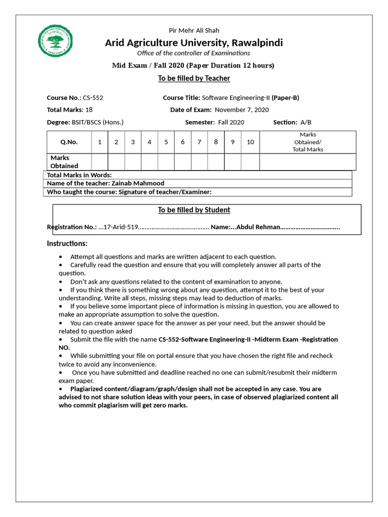 Arid Agriculture University, Rawalpindi: Mid Exam / Fall 2020 (Paper ...