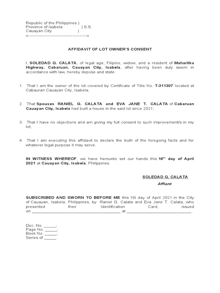 Affidavit of Lot Owner's Consent | PDF | Wellness