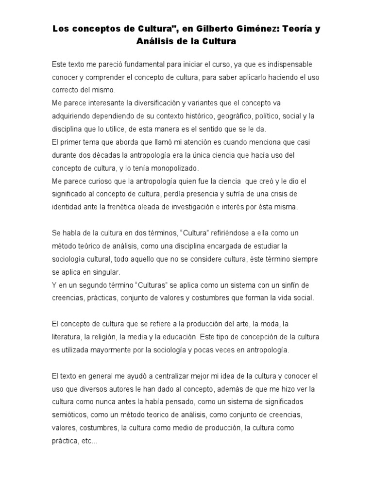 Los conceptos de Cultura" Gilberto Giménez | PDF
